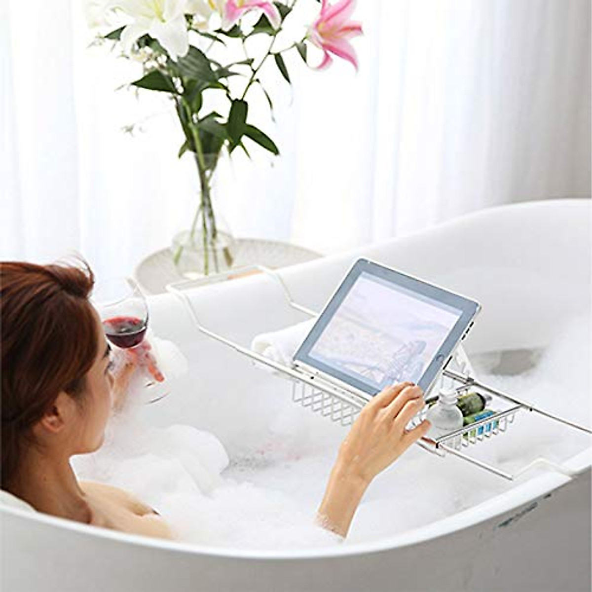 OldPAPA Bathtub Trays, Stainless Steel Expandable Shower Bathtub Tray Over Bath Tub Racks Shower Organizer with Removable Book Holder - Non-Slip Grip | Fits Most Tubs