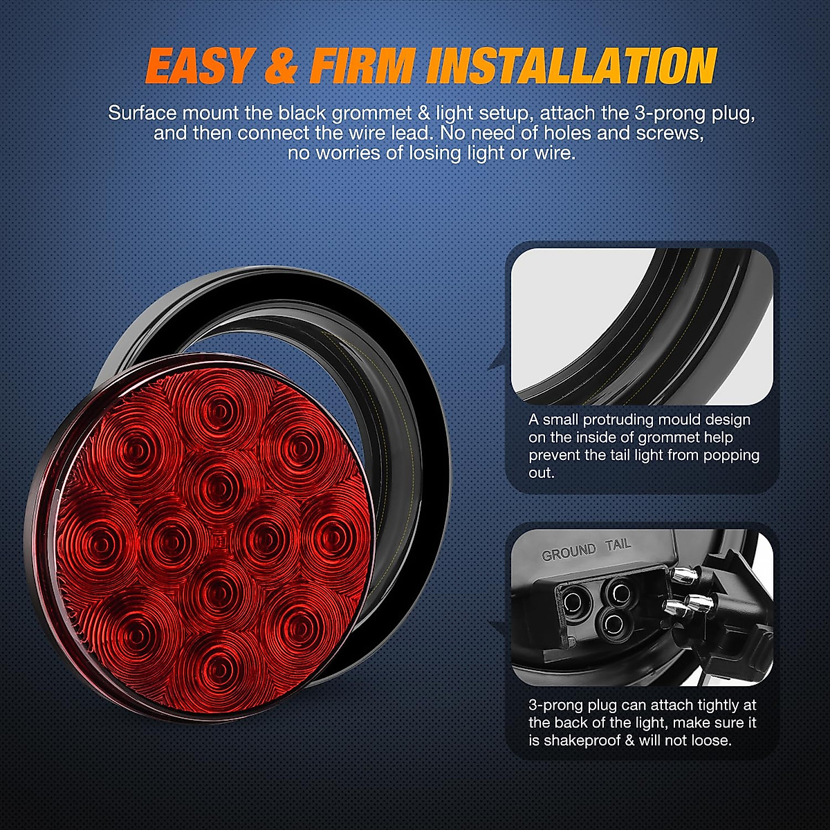 Nilight - TL-18 2PCS 4" Round Red LED Trailer Tail Lights w/Surface Mount Grommet Plugs IP67 Stop Brake Turn Tail Lights for Truck Trailer RV Jeep