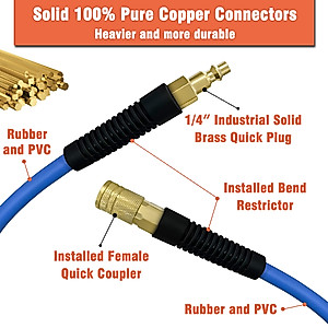 Air Compressor Hose 3/8 in x 50 ft, 300 PSI Heavy Duty Hybrid Air Hose with Quick Coupler and Plug Kit, Lightweight, Kink Resistant, All Weather Flexibility with Bend Restrictors, Blue