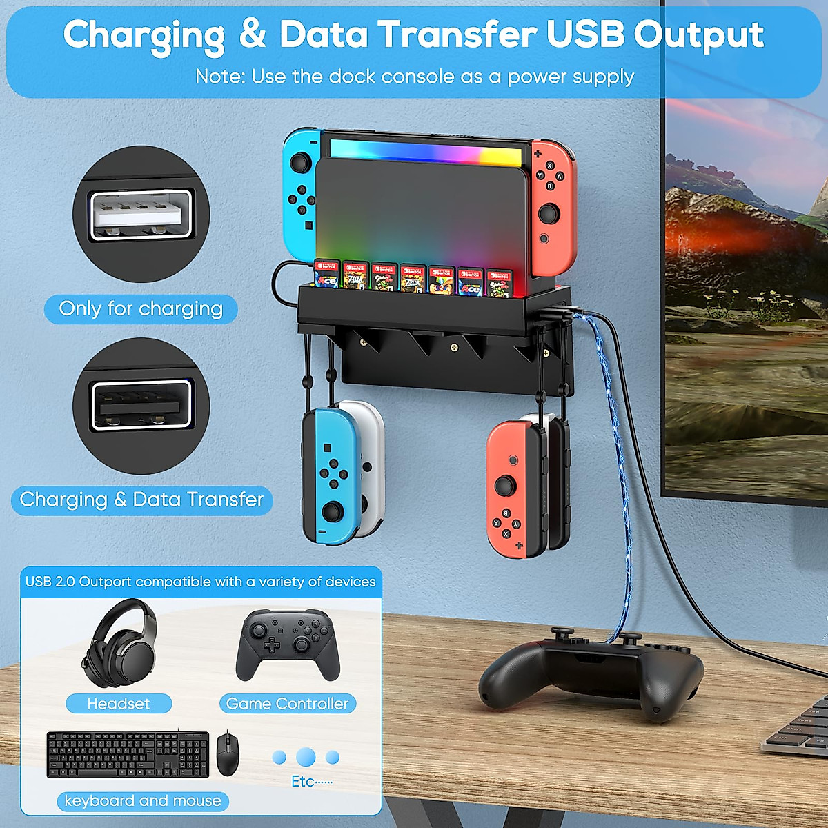 RGB Switch Wall Mount Kit for Nintendo Switch and OLED, Switch Dock Console Holder Stand, Switch Accessories with 7 Light Modes, 7 Card Slots, 4 Joy Con Hangers, 2 USB Ports, Behind TV, Graphite Black