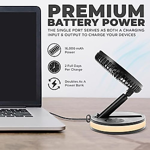 VENTY Original Portable Fan - Wireless Battery Operated Fan With 4 Speeds, LED Lighting, Carry Case & Remote Control - Premium Travel Rechargeable Fan & Power Bank With USB & USB-C Ports (Black)