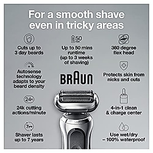 Braun Electric Razor for Men Flex Head Foil Shaver with Precision Beard Trimmer, Rechargeable, Wet & Dry, 4in1 SmartCare Center and Travel Case, Silver