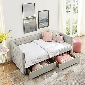 Linuque Upholstered Twin Size Daybed with Two Storage Drawers, Wood Linen Fabric Sofa Bed Frame with Button Tufted Armrest and Nailhead Trimming on Square Arms, Beige