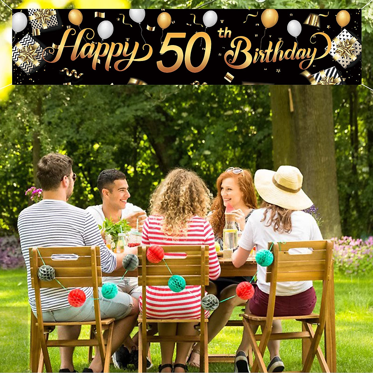 Mocossmy Happy 50th Birthday Banner,6x1.3 Ft Large Black Gold Glitter Happy Birthday Sign Photography Background Backdrop for Women Men Gifts Indoor Outdoor Birthday Anniversary Party Supplies Decoration