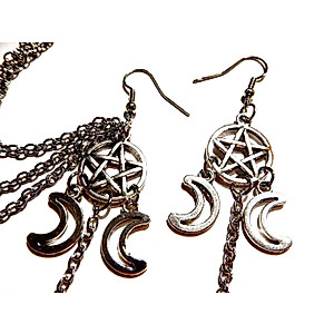 Asymmetrical Pentagram & Moon Earrings silvertone ear cuff & chains occult wiccan gothic