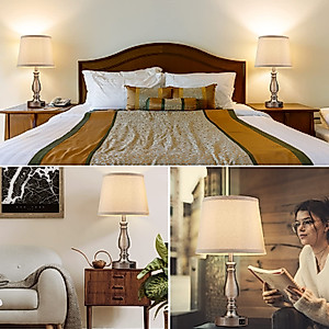 Lamps for Bedrooms Set of 2, Brushed Nickel Bedside Lamps with USB C+A Ports, 3 Way Dimmable Nightstand Lamps with Fabric Lampshade, Touch Table Lamp for Living Room Bedroom Office, Bulbs Included