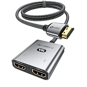 Warrky HDMI Splitter, Duplicate/Mirror, 4K HDMI Splitter 1 in 2 Out [Metal Case, Gold-Plated] with 3.3 Ft Braided HDMI Cable, Powered Splitter, 1 Source to 2 Identical Displays for TV, Projector