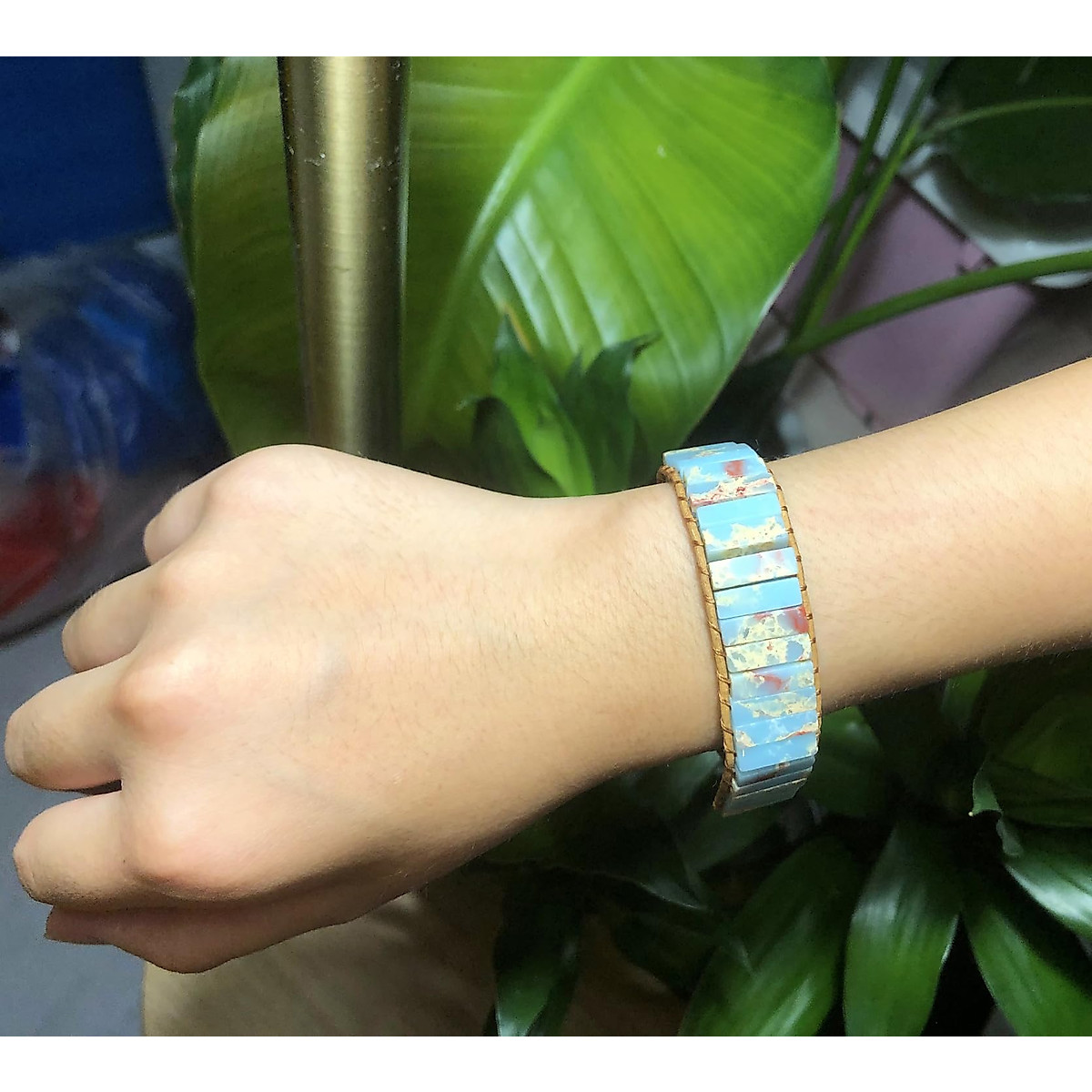 JEYAMTSOGE 7 Chakra Bracelet for Women with Real Gemstones Leather Boho Handmade Natural Stone Healing Yoga Bracelet Friendship Jewelry(Light blue agalmatolite)