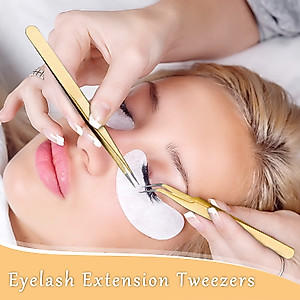 6 Pieces Eyelash Extension Tweezers, Straight and Curved Tip Stainless Steel Tweezers Nippers Volume Lash Tweezers for Eyelash Extensions False Lash Application Tools (Gold)