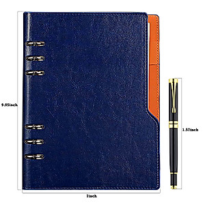 DSKPRTE Update A5 Refillable Leather Notebook for Writing 6-Ring Binder Leather Journal with Pen&Extra Black Ink Refill Lined Travel Journal for Men&Women Hardcover Notebook Daily Planner(Blue)