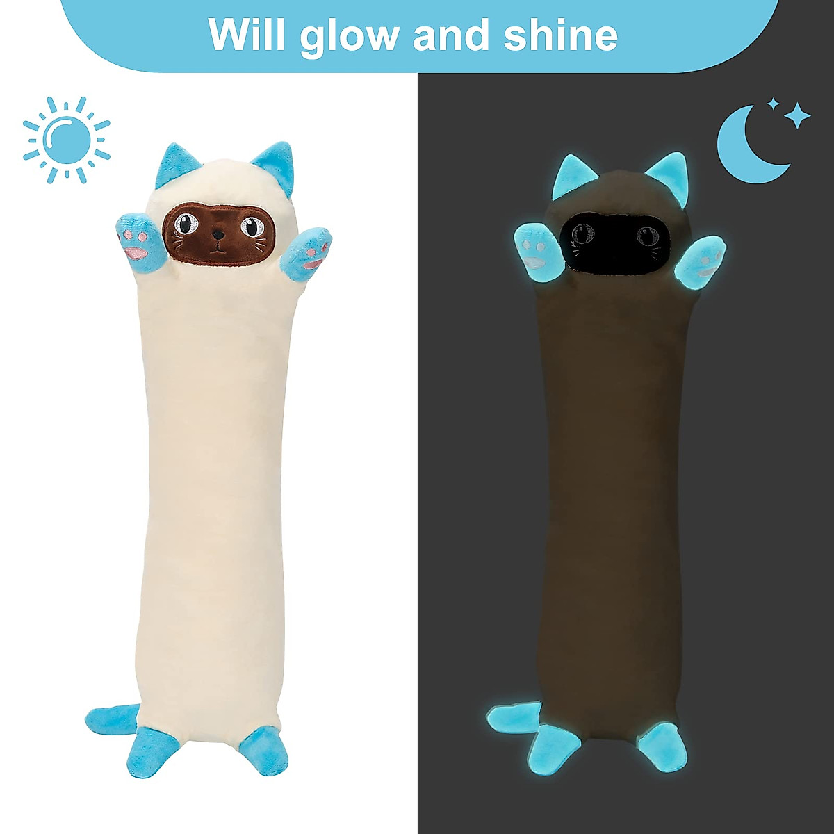 SEENEEY Long Cat Plush Kawaii Body Pillow, Cute Cat Stuffed Animals Soft Plushies,Cat Soft Plush Long Cat Pillow Doll Toy Gift for Girlfriend. (Luminous Fabric Siamese,35.4 in)