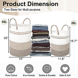 2 Pack Large Tall Rope Laundry Baskets, Cotton Laundry Hamper, Dirty Clothes Hampers Woven Basket, Blanket Basket Storage for Living Room, Dirty Clothes Baskets for Bedroom, Baby Room, 58L&28L Khaki