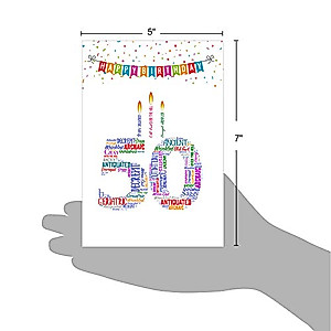 NobleWorks - 50th Funny Card for Birthday - Milestone Bday of 50 Years, Celebrate and Congrats Notecard with Envelope - Word Cloud 50 C3249MBG