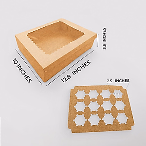 Tectonic Key 5 pack Kraft Brown Disposible Cupcake Box Carrier Containers with 5 inserts 12.9 x 9.34 x 4in with PVC clear Window Recycleble Holds Cupcakes, Muffins, and many Bakery pasteries