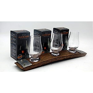 Barrel-Art Barrel Stave Premium 3 Glass Whiskey Flight Serving Tray with Glencairn Glasses, Dark Walnut