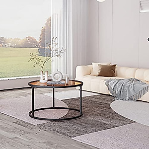 SAYGOER Glass Coffee Table Round Modern Coffee Tables Small Mid Century Coffee Table for Living Room Home Office Simple Retro Table Top with Metal Frames, Easy Assembly, Brown Black