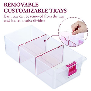 MyGift 11 Inch Clear Arts and Crafts Stackable Container, Sewing Supplies Storage Organizer Case with Pink Accents, 24 Customizable Compartments, and 6 Drawers with Removable Dividers