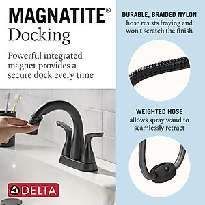 Delta Faucet Broadmoor Pull Down Bathroom Faucet Black, Bathroom Pull Out Faucet, Bathroom Sink Faucet with Pull Down Sprayer, Centerset Bathroom Faucet with Magnetic Docking, Matte Black 25765LF-BLPD