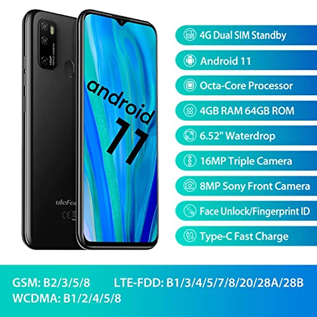 Ulefone Note 9P 4G Unlocked Cell Phones, 6.52" Screen,16MP Triple Rear Camera, Android 11 Octa-Core 4GB + 64GB,4500mAh Big Battery, Face Unlock Finger Reader Unlocked Smartphones - Black