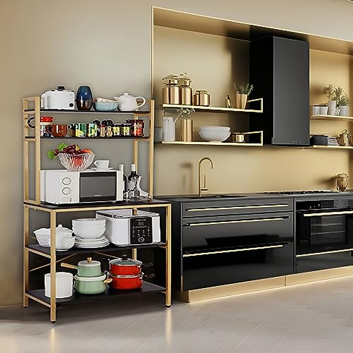 Finnhomy Bakers Racks for Kitchens Storage with Hutch, Coffee Bar Cabinet, Modern 5 Tier Kitchen Shelf Freestanding Microwave Stand Rack for Kitchen/Living Room/Office/Pantry, Gold+Black