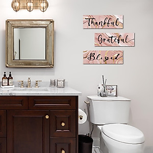 3 Pieces Funny Rustic Wooden Art Wall Hangings Set, Thankful Grateful Blessed, Pink Gold Marble Style Wood Signs 12 X 4 Inches for Home, Living Room, Bedroom, Office, Cafe, Hotel Wall Decor