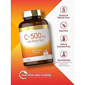 Carlyle Vitamin C with Rose Hips 500mg | 200 Caplets | High Potency Formula | Vegetarian, Non-GMO and Gluten Free Supplement