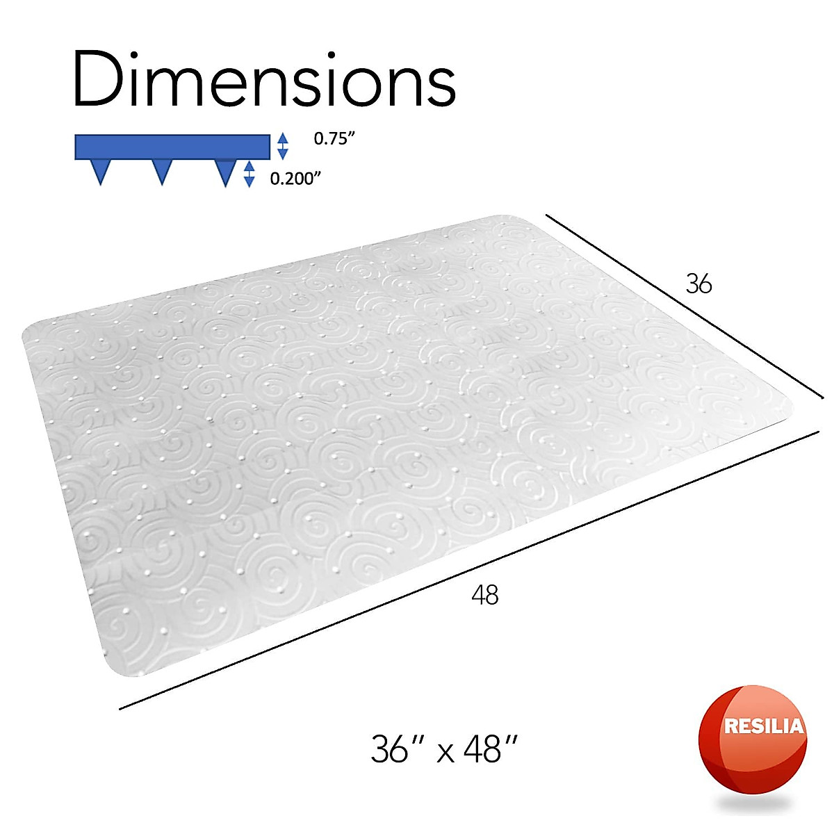 Resilia Office Desk Chair Mat - for Low Pile Carpet ( with Grippers ) Updated Clear Swirl Spiral Pattern, 36 Inches x 48 Inches, Made in The USA