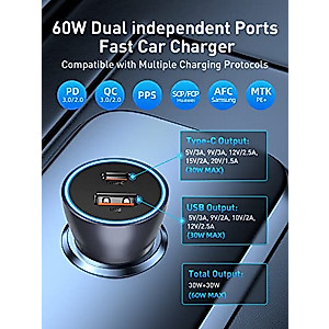 Baseus USB C Car Charger, 60W PPS QC3.0&PD3.0 PD27W Type C Car Charger, Dual Port Independent Fast Charging Phone Car Charger for iPhone 14/13/12/11Pro Max XS X, Samsung S22/S21 Ultra, iPad Pro/Air