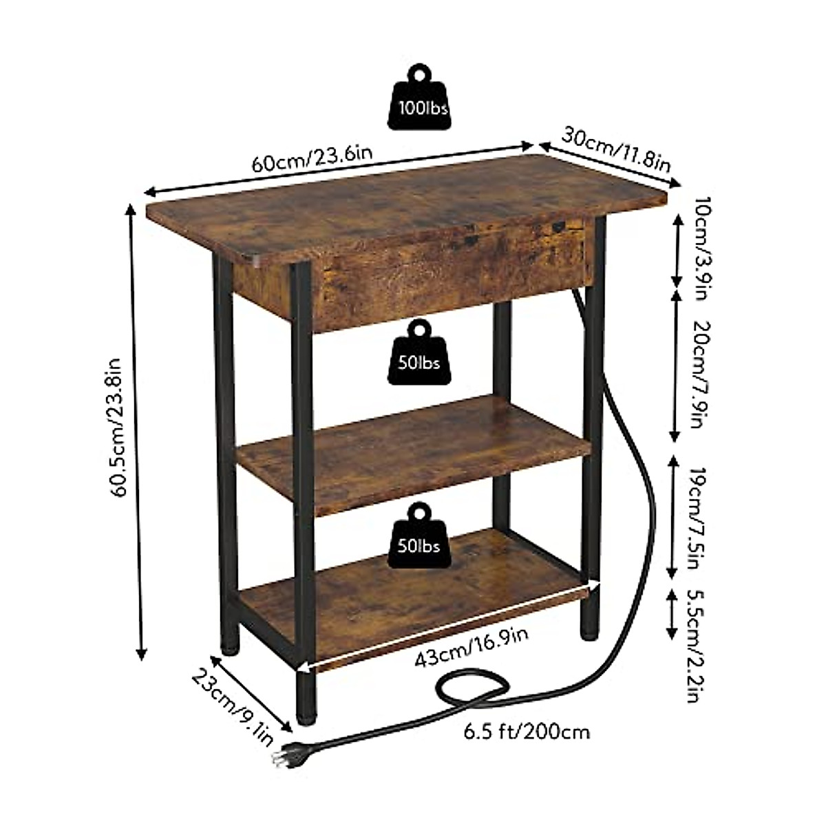 Yusong Narrow End Table with Charging Station, Slim Couch Side Table with USB Ports & Outlets, Flip-top Nightstand Bedside Table with 3 Shelves for Small Space in Living Room Bedroom,Brown