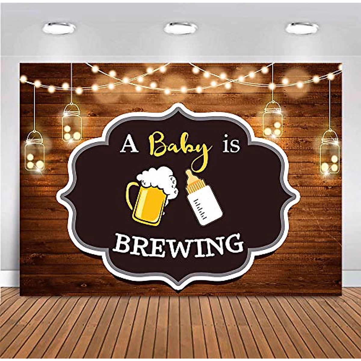 A Baby is Brewing Themed Photography Backdrop for Baby Shower Party Banner Decorations Vinyl Beer Bottle Rustic Wood Glitter Photo Background 5x3ft Photo Booth Studio Props Cake Table Supplies