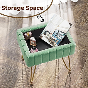 Greenstell Vanity Stool Chair Faux Fur with Storage, 15.7"L x 11.8"W x 19.4"H Soft Ottoman 4 Metal Legs with Anti-Slip Feet, Furry Padded Seat, Modern Multifunctional Chairs for Makeup, Bedroom,Green