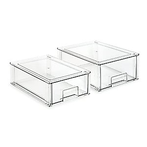 Isaac Jacobs Stackable Organizer Drawer Set (1 Medium, 1 Large), Clear Plastic Storage Boxes, Pull-Out Bins, Home, Office, Closet, Shoes, BPA-Free, Food/Fridge/Freezer Safe (1 Medium, 1 Large)