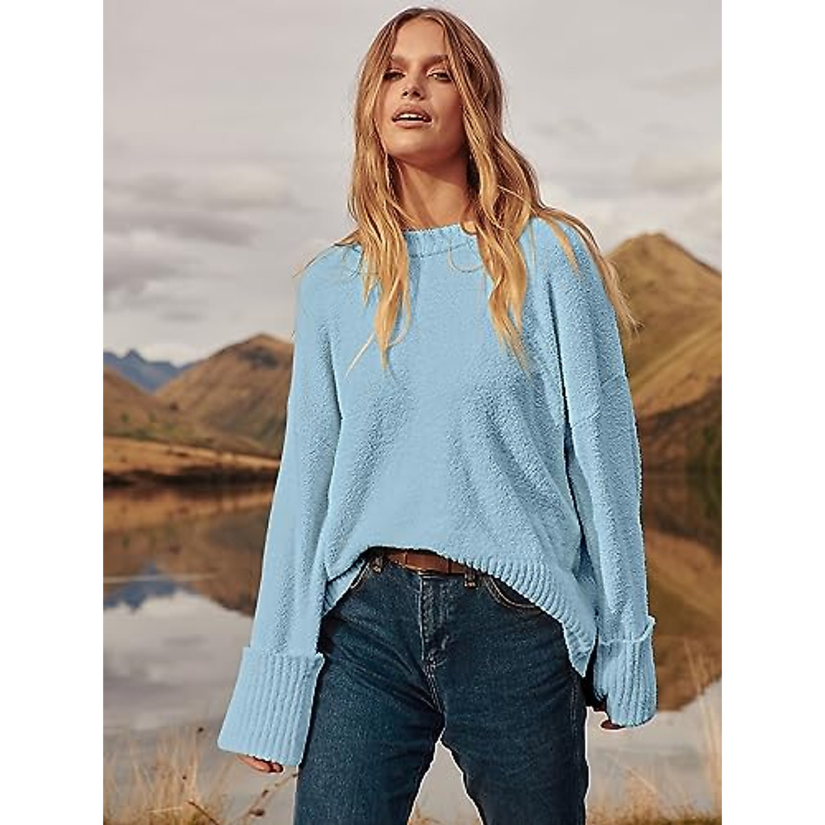 ANRABESS Women's Oversized Crewneck Long Sleeve Fuzzy Knit Casual Chunky Warm 2025 Fall Pullover Sweaters Top Trendy Outfits Blue X-Large