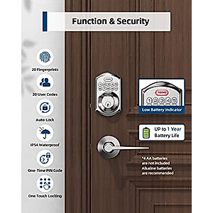 TEEHO Fingerprint Door Lock with 2 Lever Handles, Keyless Entry Door Lock with Handle, Electronic Keypad Deadbolt Front Door Lock Set with Auto Lock and 1 Touch Locking, Satin Nickel
