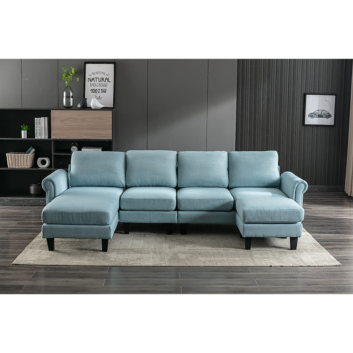 GODAFA Couch Modern U-Shaped Convertible Sectional Accent Sofa Upholstered in Polyester for Living Room,Light Blue