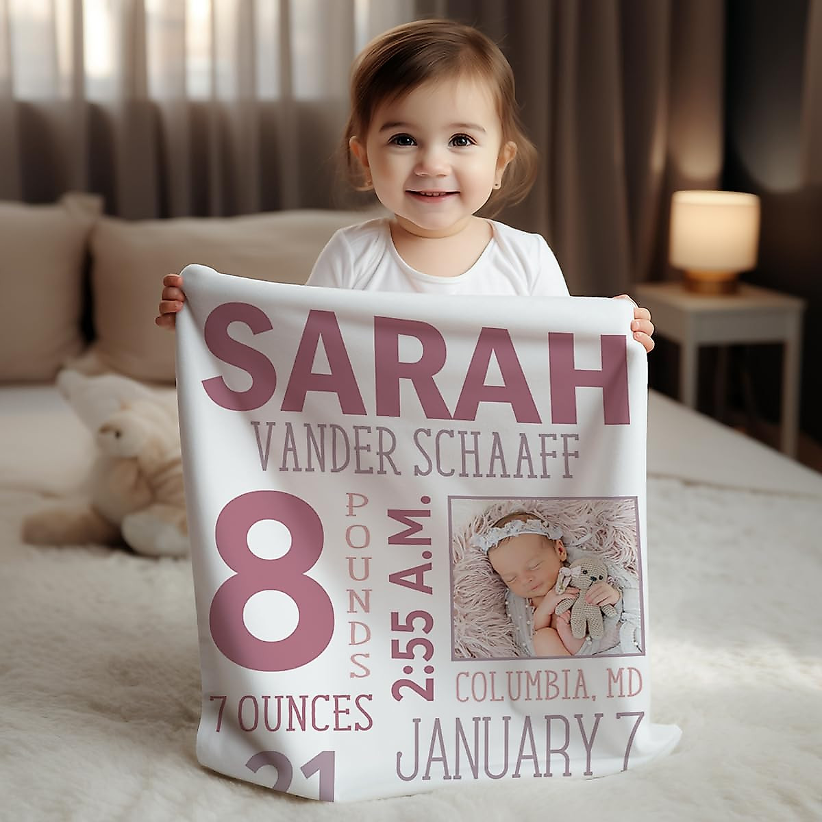 Yeh Gift Personalized Baby Photo Newborn Blanket with Birth Information for Girls & Boys. Customized Blanket from Baby's Name, Date, Weight for New Born, Dad Mom Grandparents (Pink)