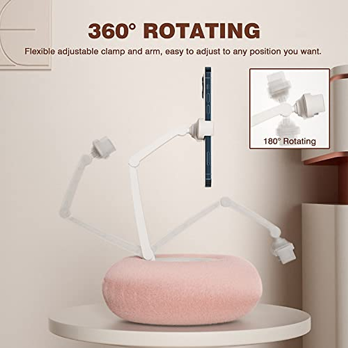 Gooseneck Cell Phone Holder Bed, Angle Height Adjustable Soft Pillow Holder for Bed,Compatible with 14 Pro Max 13 Pro Max ect.,Samsung S10 S9 S8 & Other (Pink)