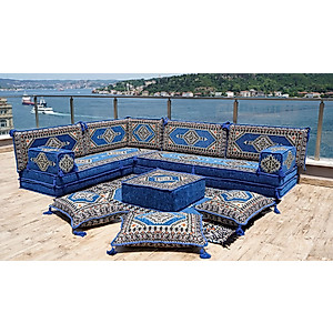 8'' Thickness L Shaped Royal Blue Sectional Sofas, Arabic Floor Sofa Set, Garden Pallet Sofa, Poufs Turkish Floor Sofa, Outdoor Sofa, Sofa Covers (L Sofa + Rug + Poufs)