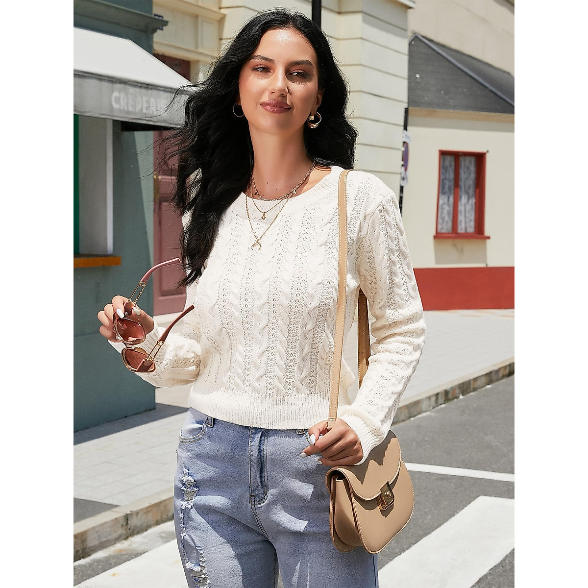 ZAFUL Women's Cable Cropped Sweater Long Sleeve Crewneck Pullover Knit Jumper Top (0-White, M)