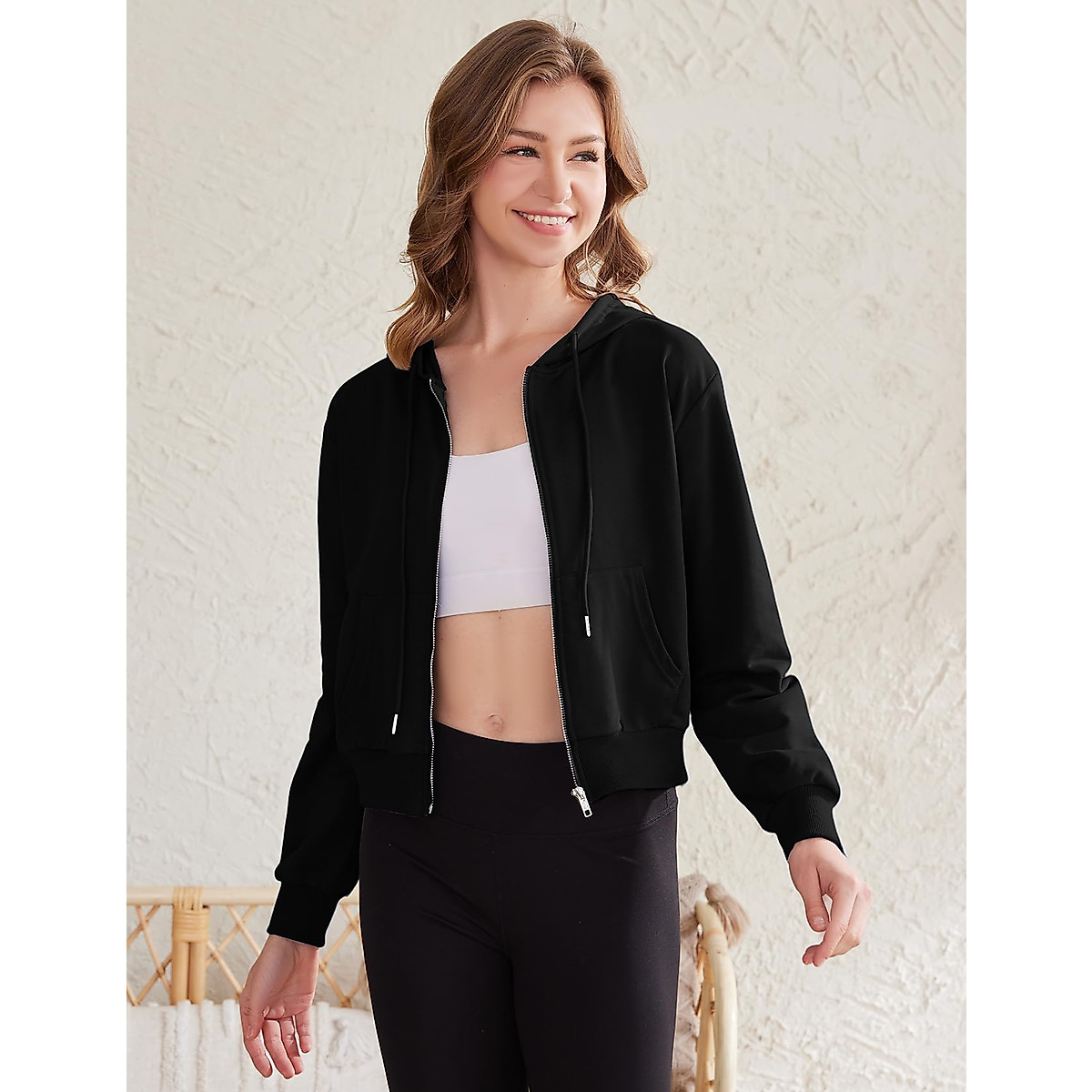 Yimoon Zip Up Hoodie Women Cropped Casual Sweatshirts Workout Long Sleeve Drawstring Hooded Jacket Crop Tops (Black, X-Small)