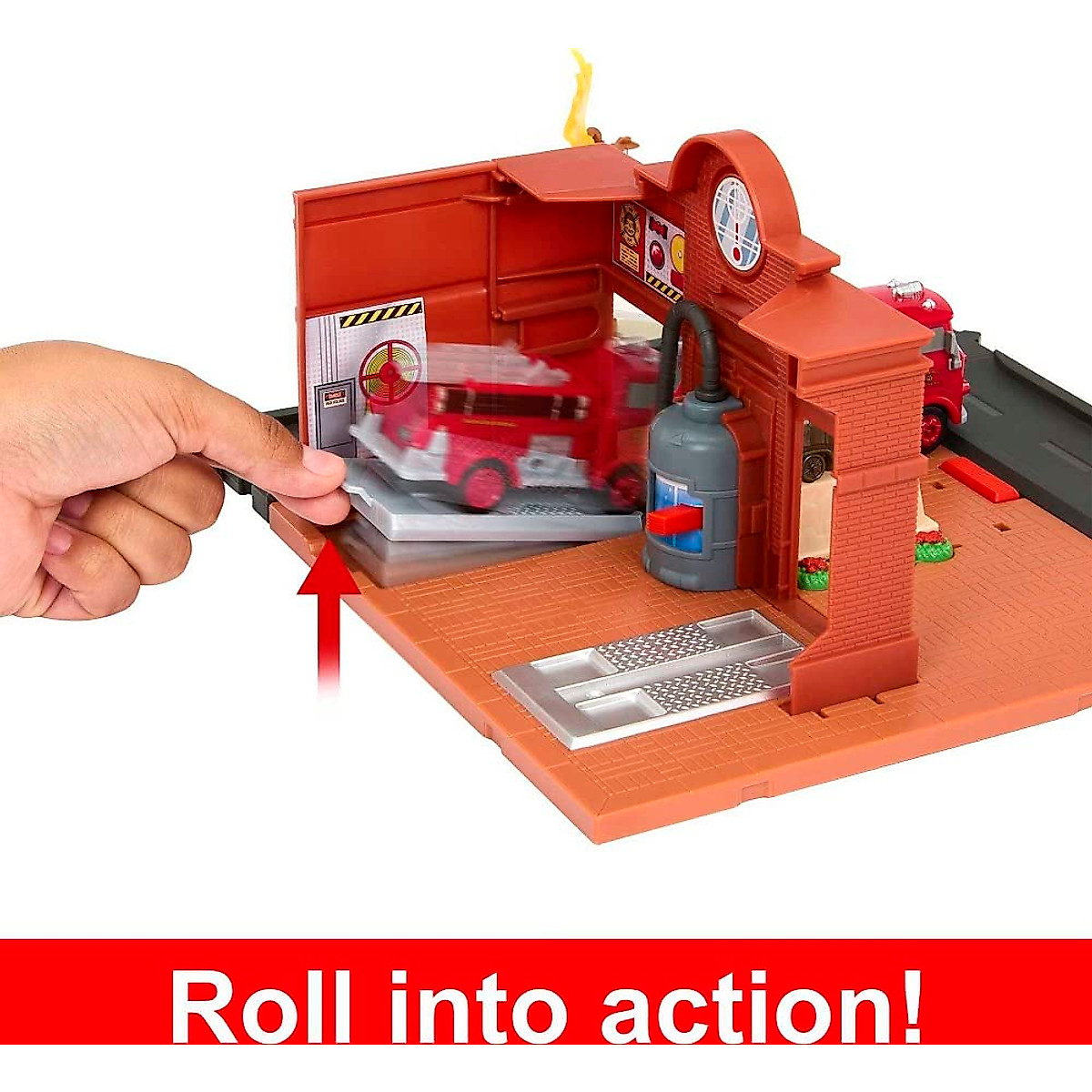 Mattel Disney and Pixar Cars On The Road Toys, Red’s Fire Station Playset with Die-cast Fire Truck & Kid-Activated Action