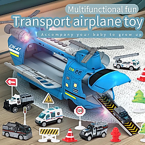 Airplane Toys with Music and Light Police Theme Transport Cargo Airplane Toy Play Set with 12 Road Sign Toy and 12 Alloy Vehicle Car Toy for 3 4 5 6 7 Year Old Boys and Girls Best Birthday Gift (Blue)