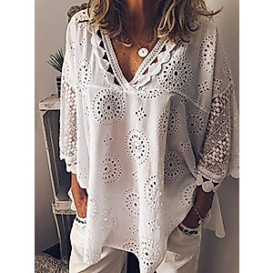 Andongnywell Women's Casual Solid Color V Neck Lace Crochet Bell Sleeve Shirts Tops Loose Blousess (White,8,5X-Large)