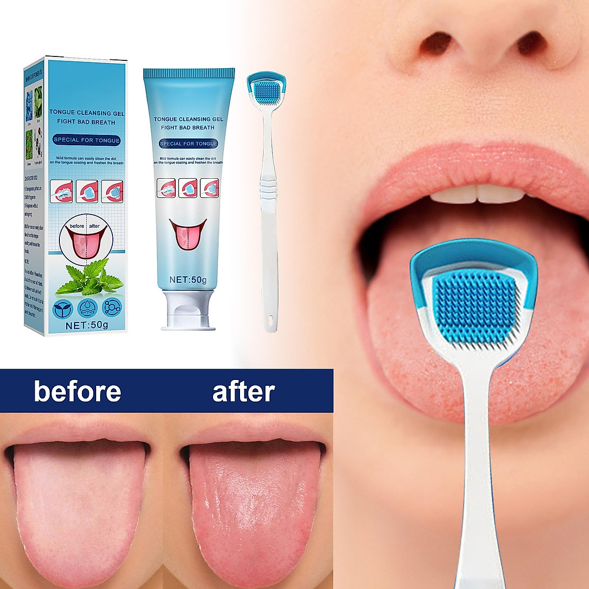 Tongue Cleaning Gel Set, Tongue Cleaner Gel with Tongue Brush, Tongue Scraper Scrubber for Adults with Cleaning Gel, Easy to Use for Men Women