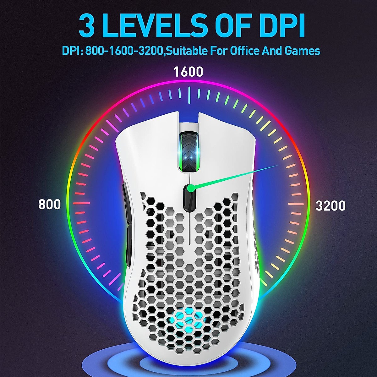 HETOETF Wireless Gaming Mouse Lightweight Honeycomb Design, Rechargeable RGB Backlight Computer Mouse with USB Receiver,Adjustable DPI,2.4GHz Wireless Mouse for PC/Mac/Laptop