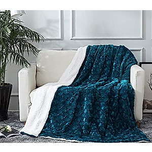 DaDa Bedding Lavish Emerald Teal Green Blue Faux Fur Fuzzy Throw Blanket - Mermaid Scales Design White Sherpa Backside - Soft Warm Plush Bright Vibrant Jewel Tones Embossed for Bed/Couch - 50" x 60"