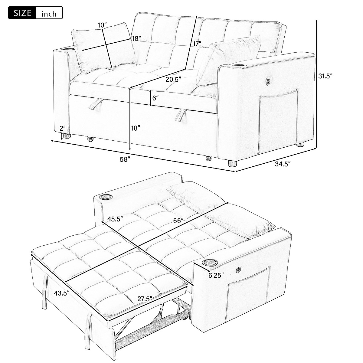 Harper & Bright Designs 55.3" 4-1 Multi-functional Sofa Bed, Sleeper Sofa Bed with Cup Holder and USB Port for Living Room or Apartments, Gray