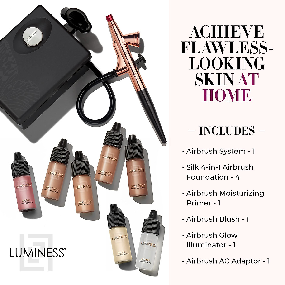 Luminess Air Basic Airbrush Makeup Kit and 9-Piece Silk 4-In-1 Airbrush Foundation Starter System, Medium Coverage - Quick, Easy and Long Lasting Application - Includes Primer, Blush and Glow