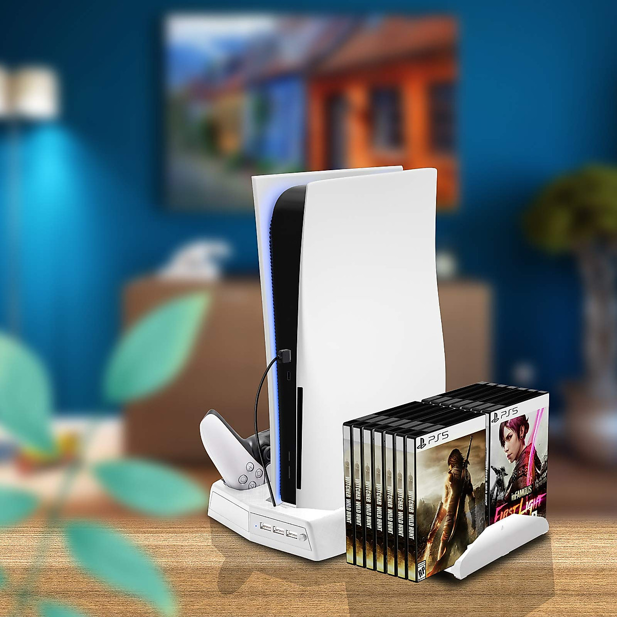 HEATFUN PlayStation 5 Charger, PS5 Stand with Cooling Fan and Controller Charger, Vertical Stand for PS5 Disc & Digital Editions, PS5 Stand with USB Ports and Game Rack - White