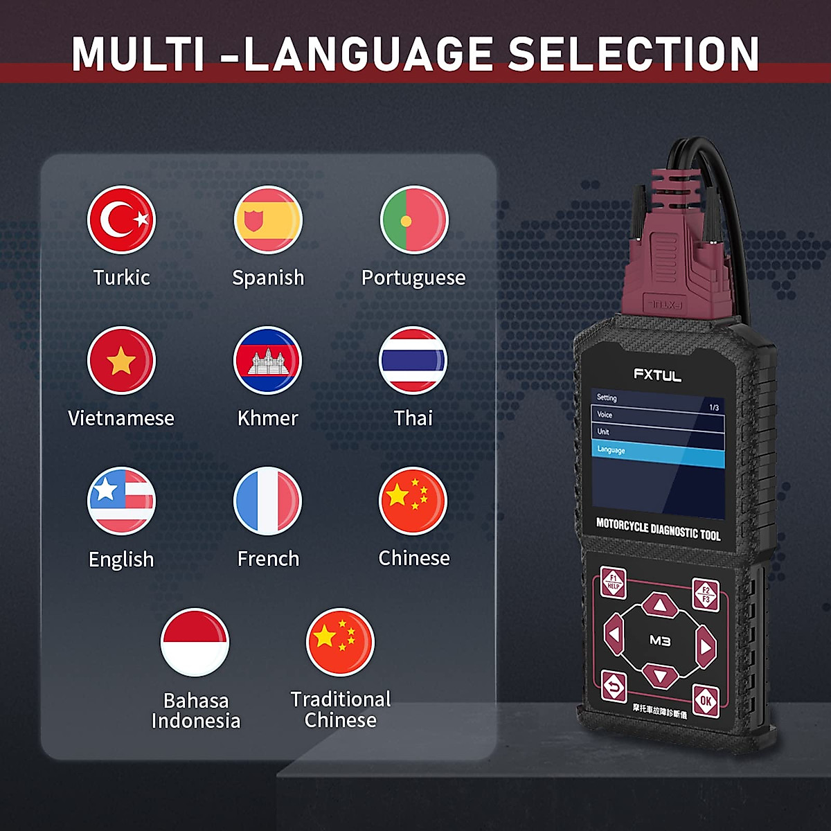 FXTUL M3-C Motorcycle Diagnostic Tool OBD2 Scanner Compatible for UZUKI Vespa EUROV and OBD2 Motorcycle, Universal Car Engine Fault Code Reader CAN Diagnostic Scan Tool